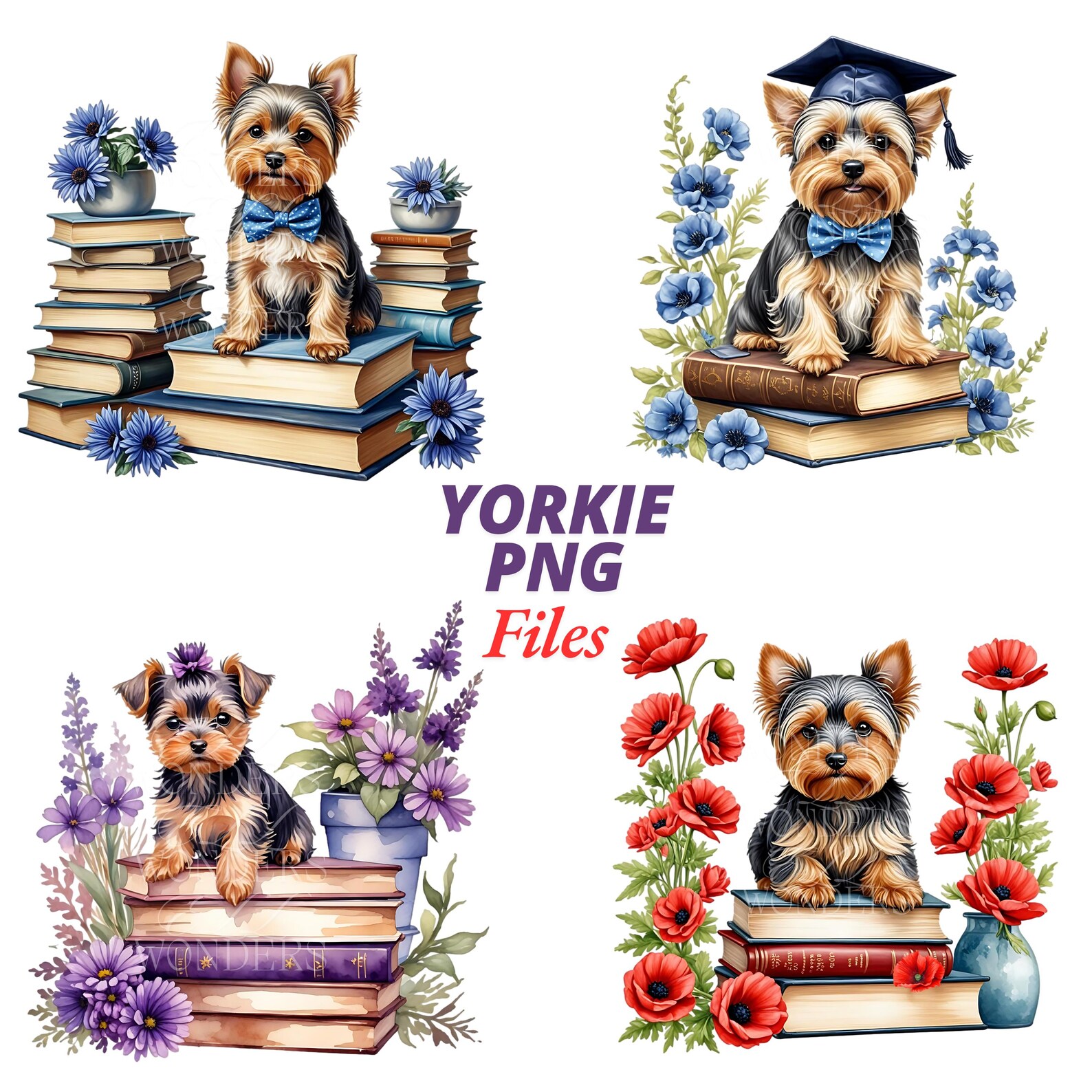 Yorkie Clip Art, Yorkie PNG, Yorkie Puppy Clipart Bundle, Graduation ...