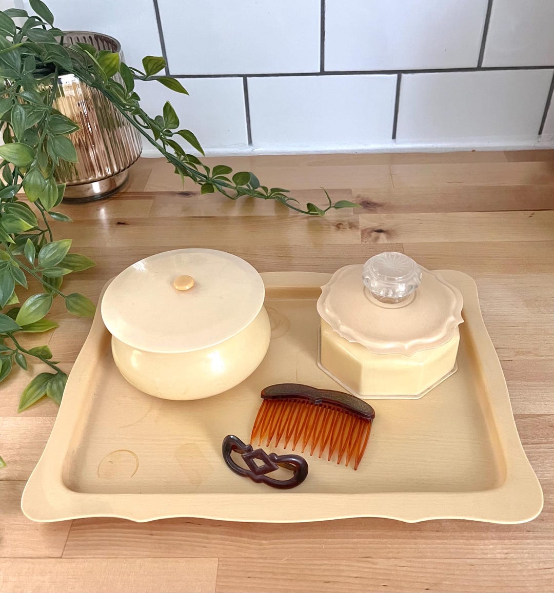 French Ivory Celluloid Pyralin Vanity Tray and Powder Boxes - Etsy