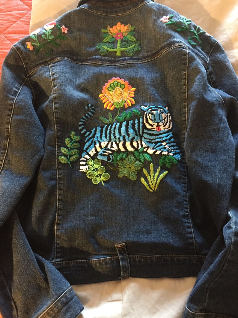 Hand Embroidered Blue Tiger Jean Jacket, Large Size Women's Denim ...