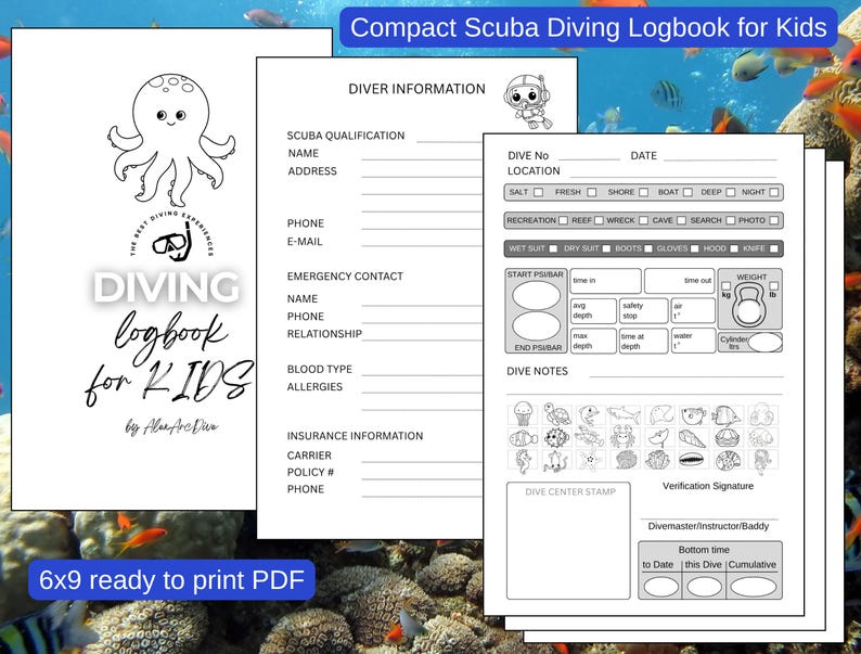 Compact Scuba Diving Logbook for Kids – 6x9” Printable PDF – Instant ...