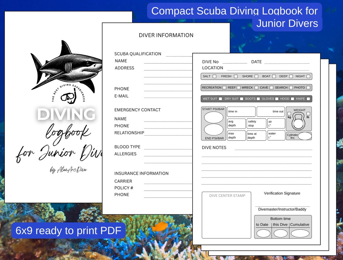 Compact Scuba Diving Logbook for Junior Divers – 6x9” Printable PDF ...