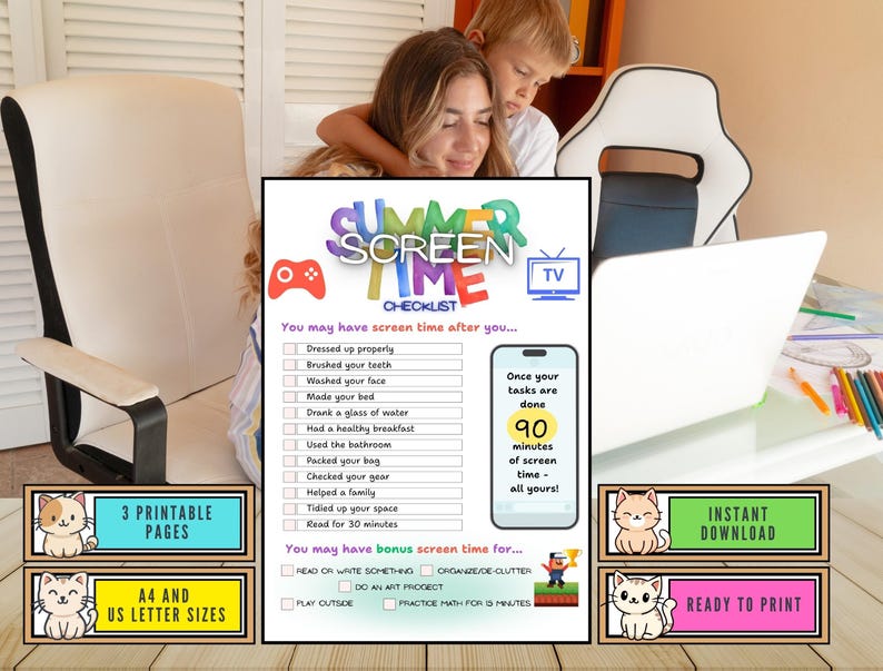 Summer Screen Time Checklist Printable/editable Chores Tracker KIDS ...