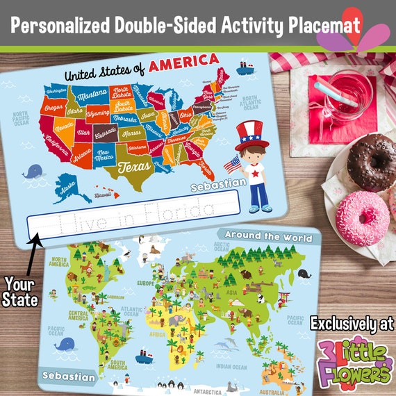 United States of America and World Map Placemat - Personalized placemat ...