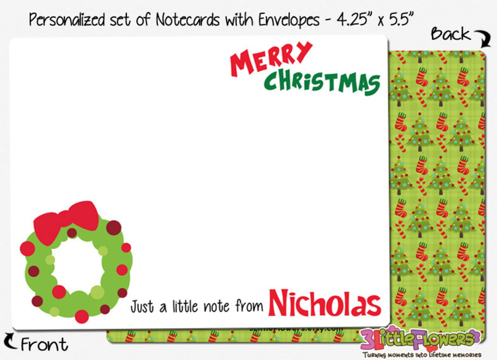 Christmas Wreath Note Cards - Set of Personalized Note Cards - Double ...