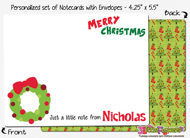 Christmas Wreath Note Cards - Set of Personalized Note Cards - Double ...