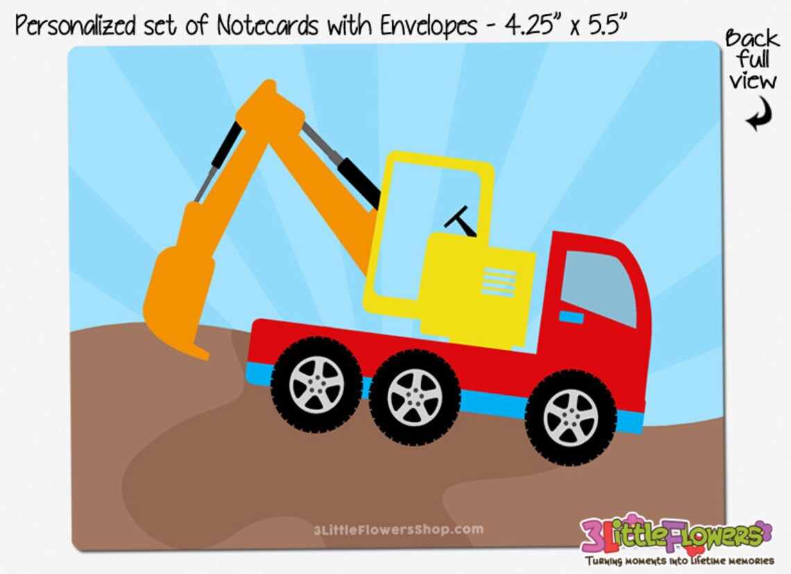 Digger Truck Note Cards Set of Personalized Note Cards - Etsy