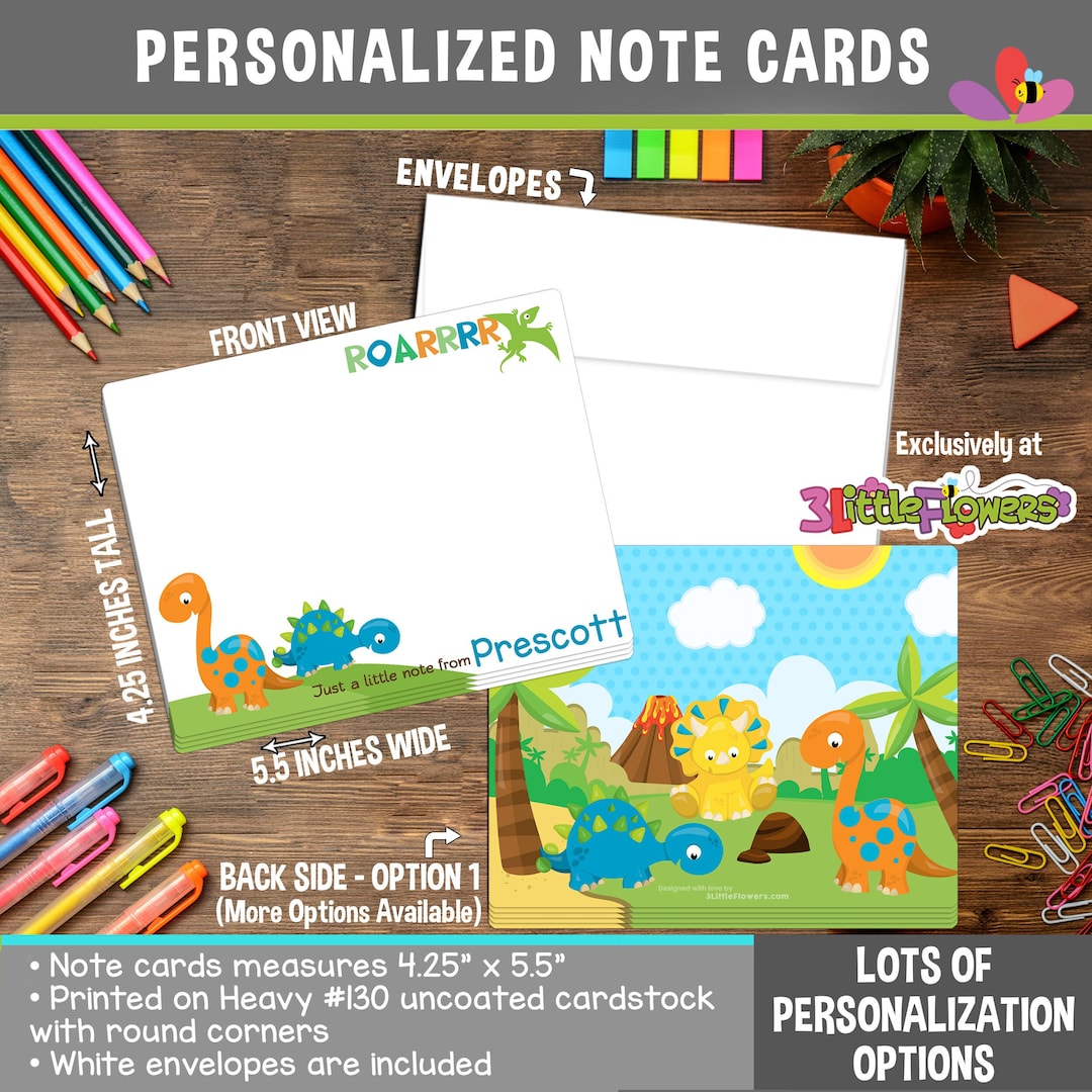 Dinosaurs Note Cards - Set of Personalized Note Cards - Double-sided ...