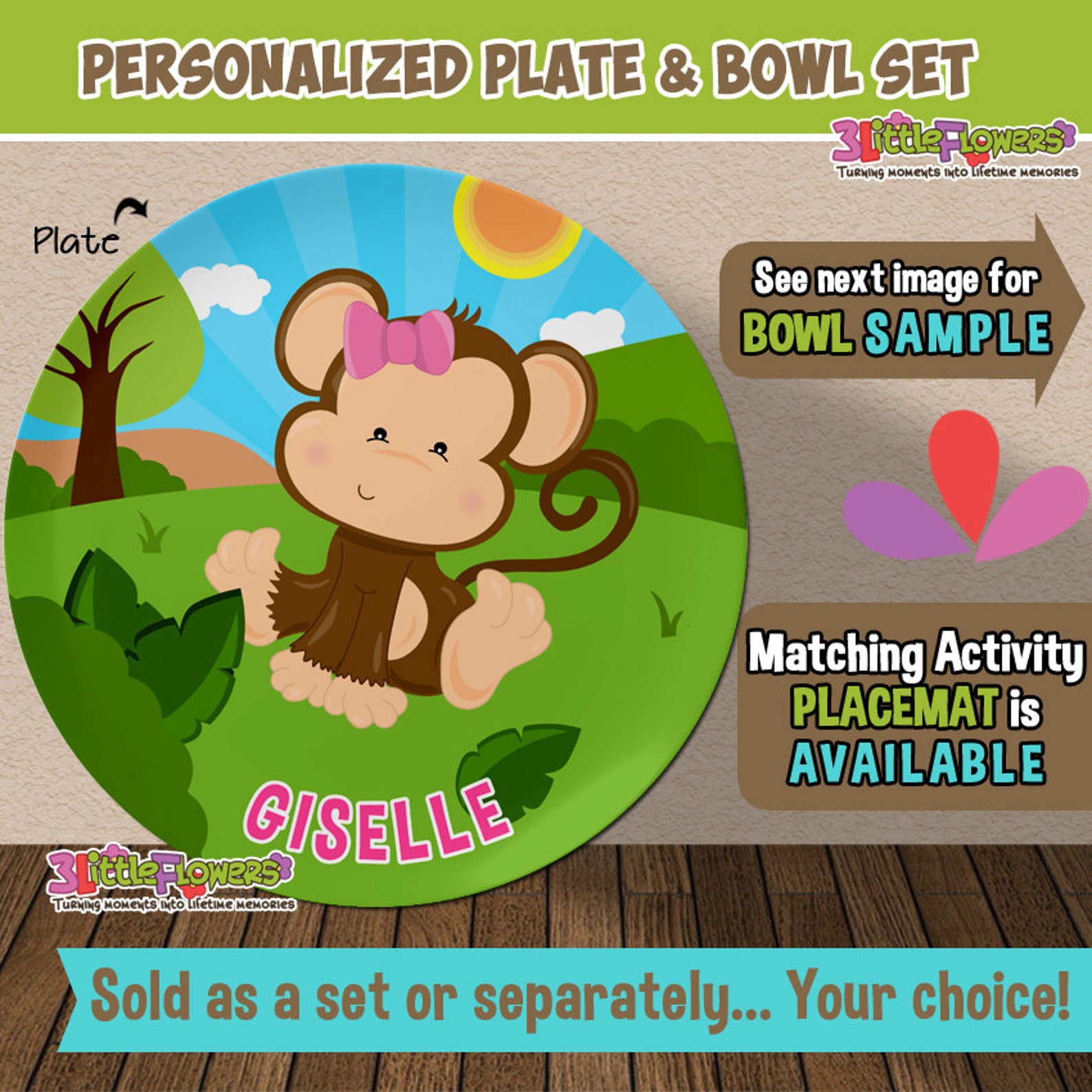 Baby Monkey Plate and Bowl Set Personalized Plastic Children | Etsy