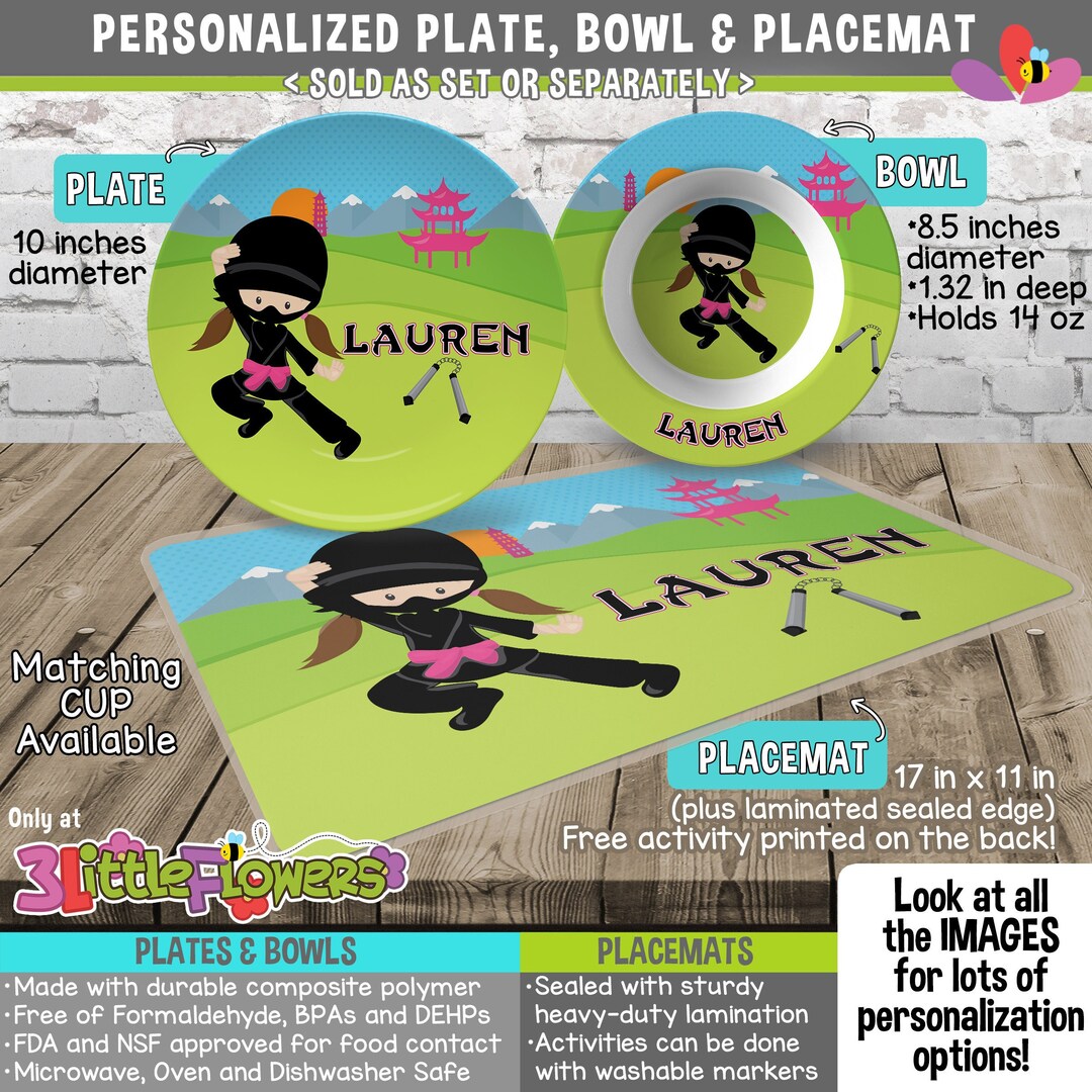 Girl Ninja Plate and Bowl Set - Personalized Plastic Children Plate ...