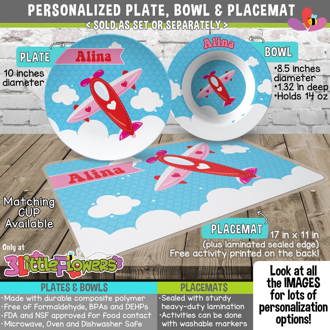 Pink and Red Airplane Plate and Bowl Set - Personalized Plastic ...