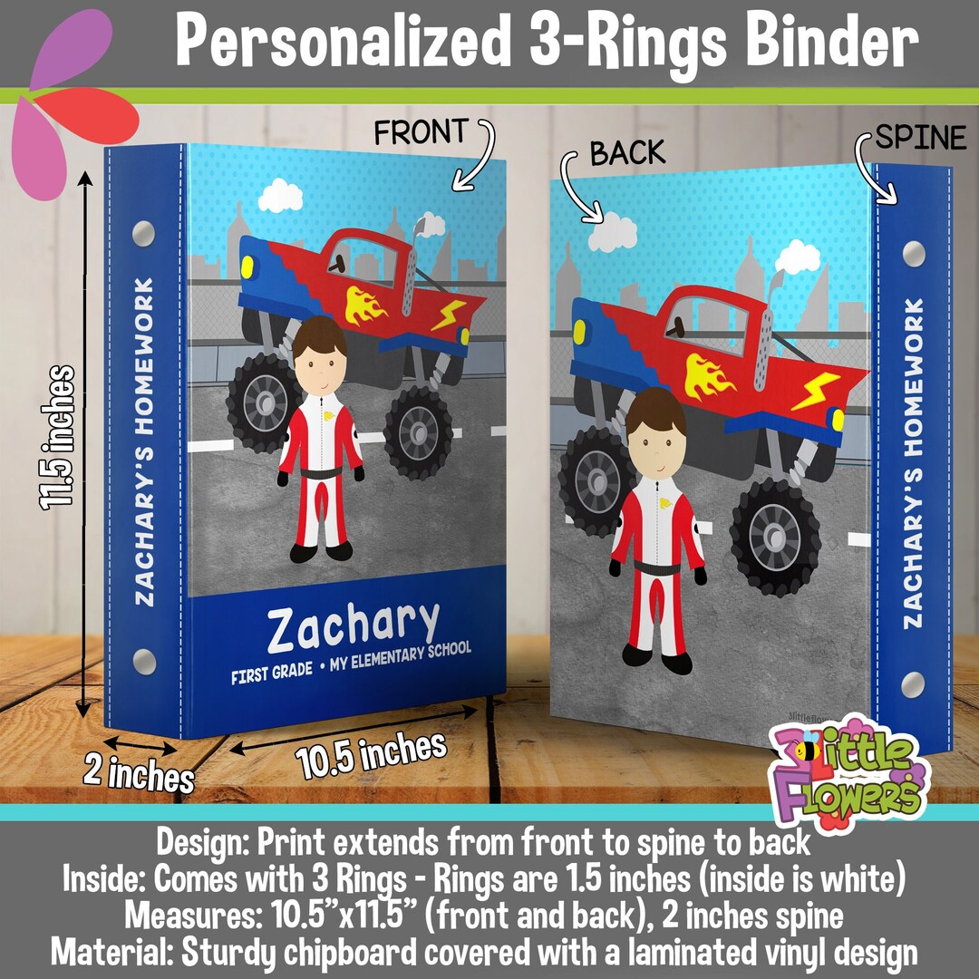 Personalized Monster Truck Binder - Personalized 3 Ring Binder 2 Inches ...