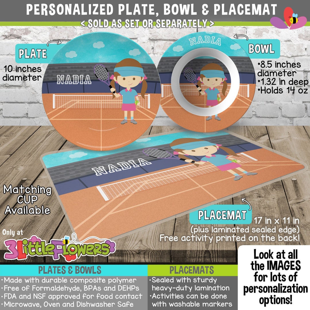 Tennis Player Plate and Bowl Set - Personalized Plastic Children Plate ...