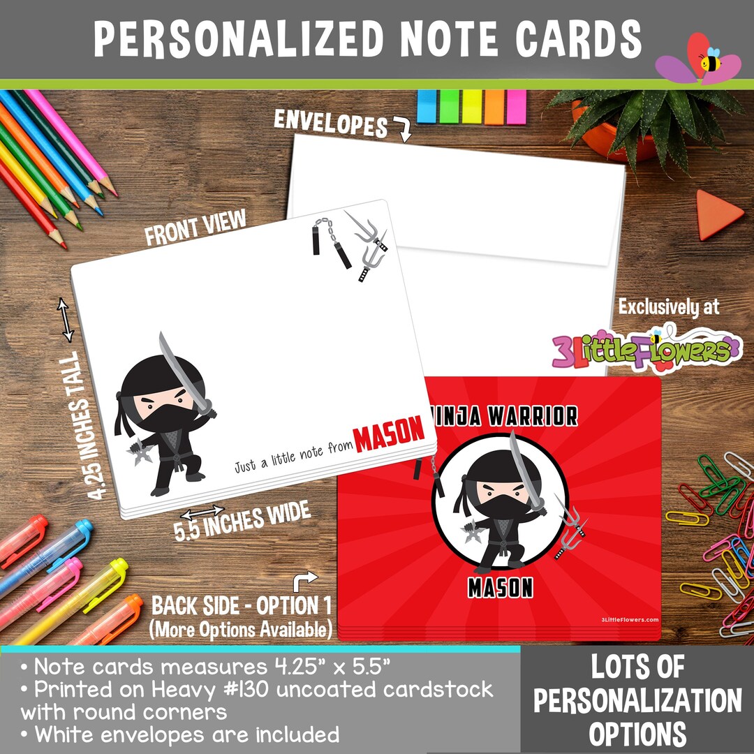 Ninja Warrior Note Cards - Set of Personalized Note Cards - 4.25 X 5.5 ...