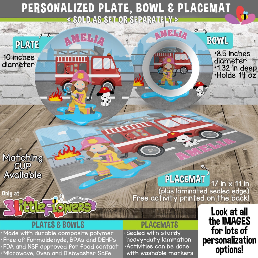 Girl Firefighter Plate and Bowl Set - Personalized Plastic Children ...
