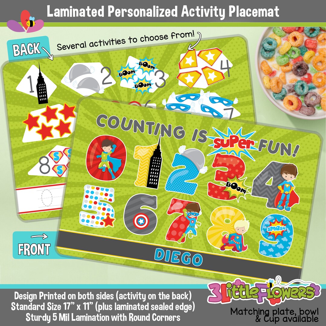 Superhero Learning Numbers Placemat - Personalized Placemat for Kids ...