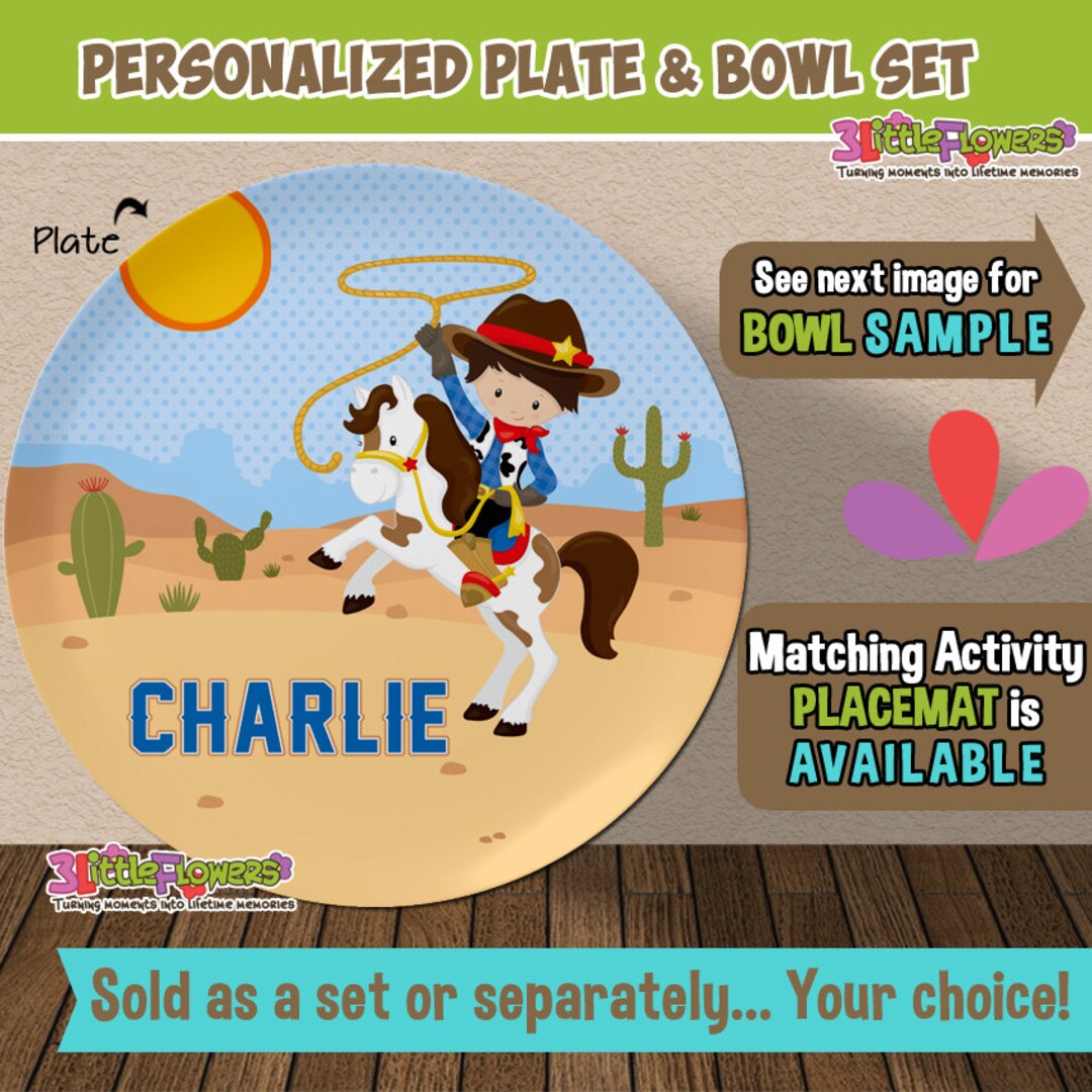 Cowboy Plate and Bowl Set Personalized Plastic Children - Etsy