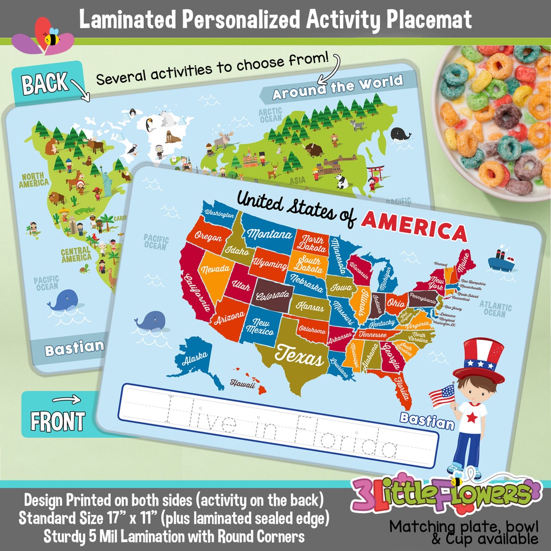 United States of America and World Map Placemat - Personalized Placemat ...