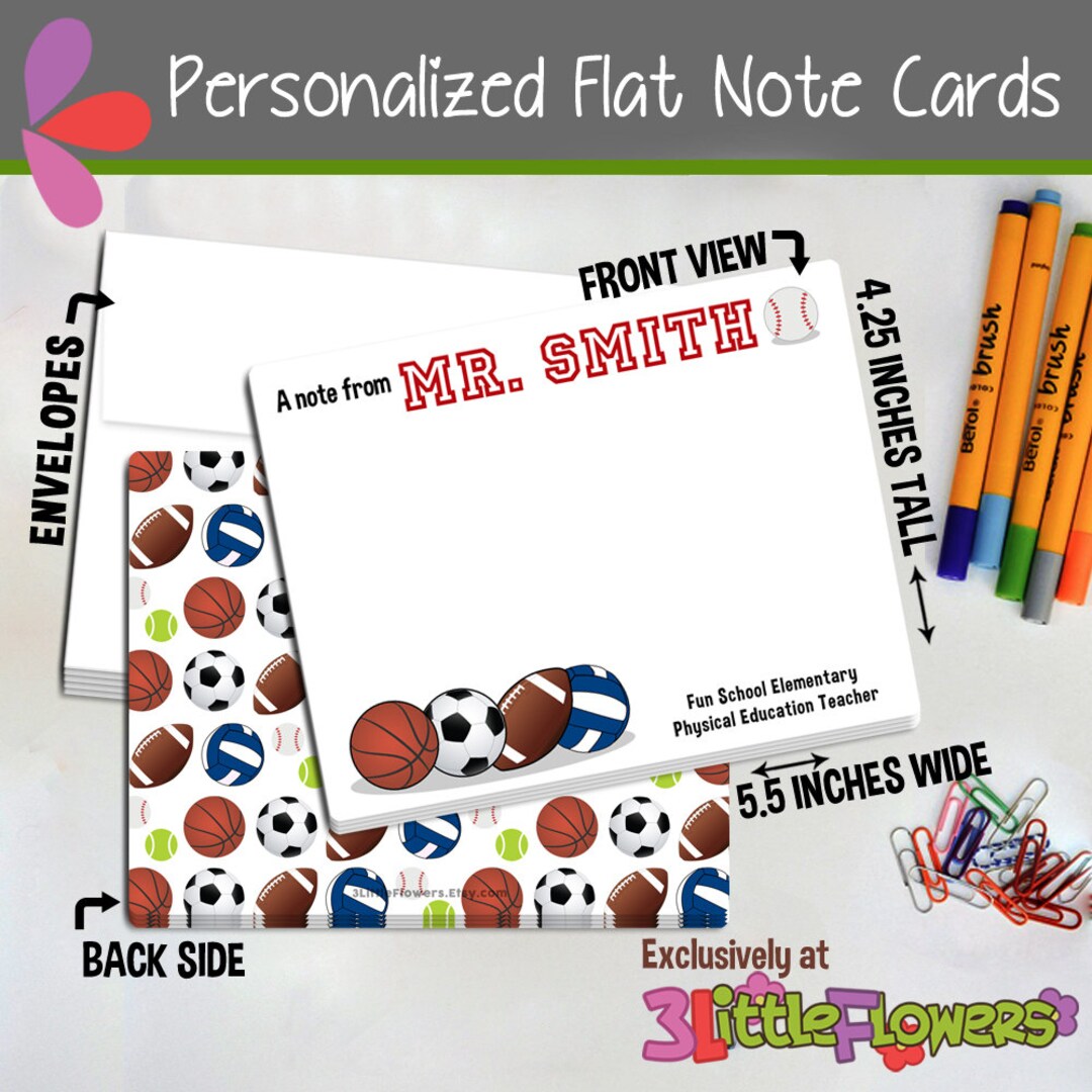 PE Teacher Note Cards - Set of Personalized Note Cards - Double-sided ...