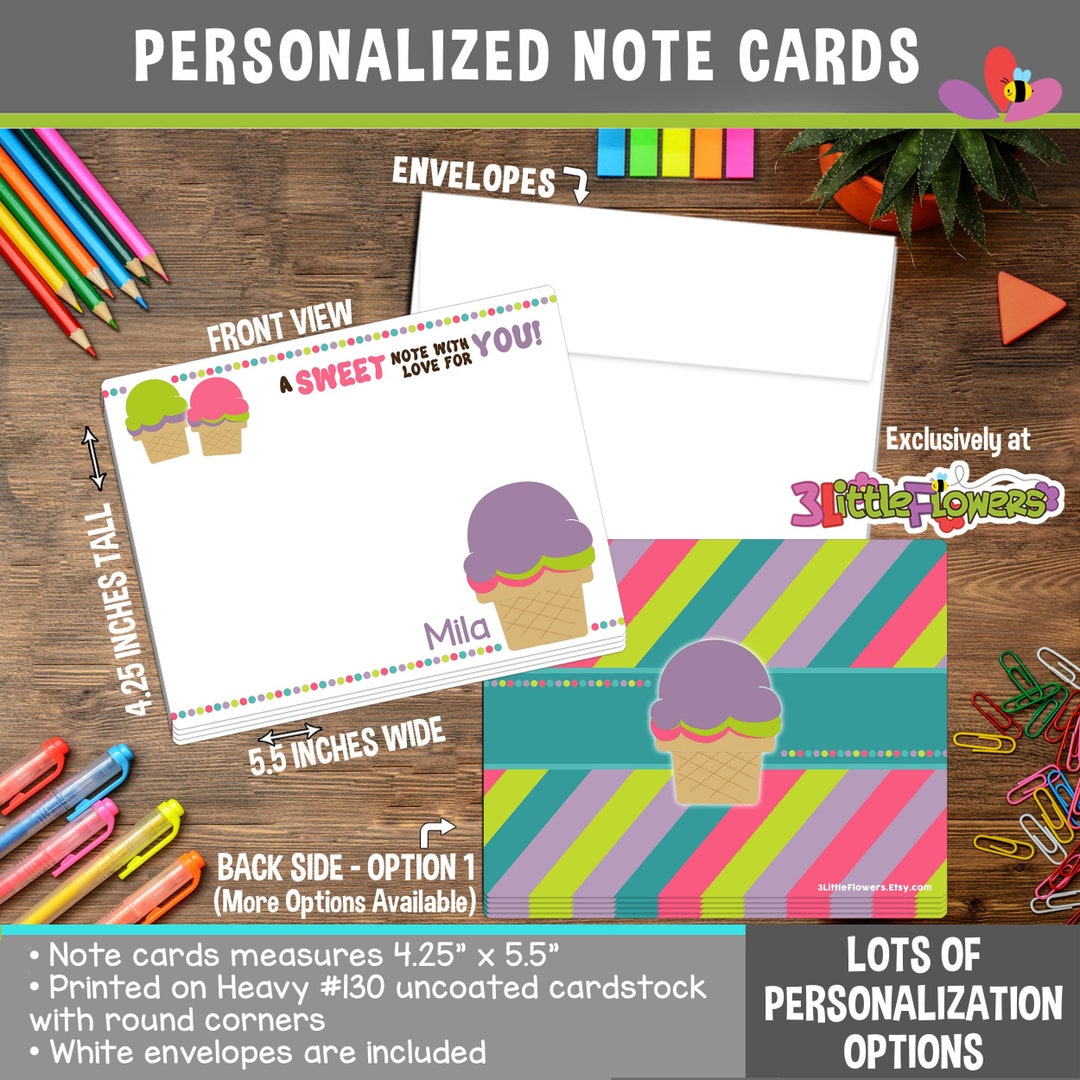 Ice Cream Note Cards - Set of Personalized Note Cards - 4.25” X 5.5 ...