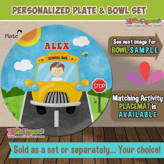 School Bus Plate and Bowl Set Personalized Plastic Children - Etsy