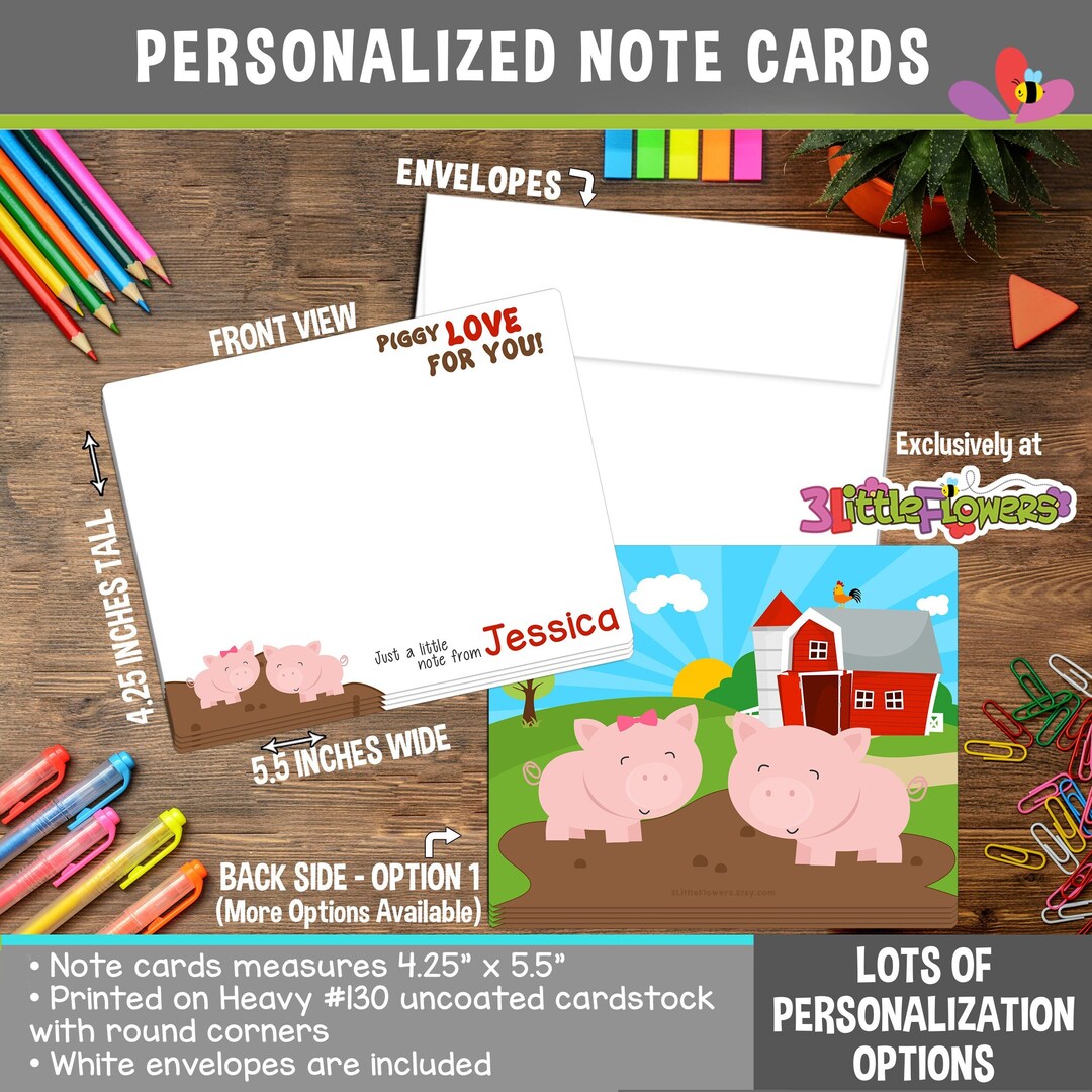 Pig Note Cards - Set of Personalized Note Cards - 4.25” X 5.5” - Double ...