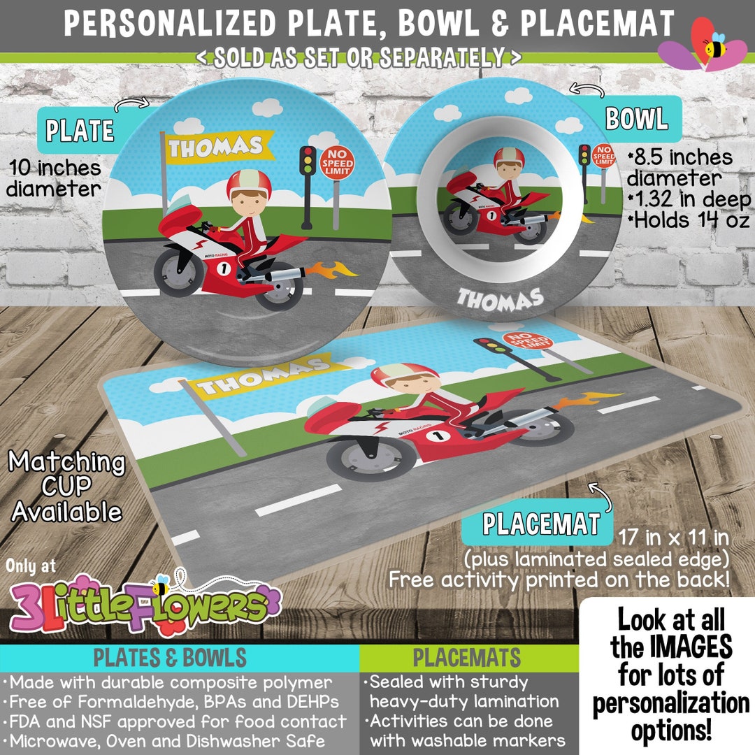 Racing Motorcycle Plate and Bowl Set - Personalized Plastic Children ...
