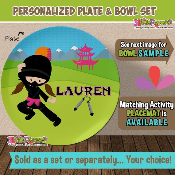 Girl Ninja Plate and Bowl Set Personalized Plastic Children | Etsy