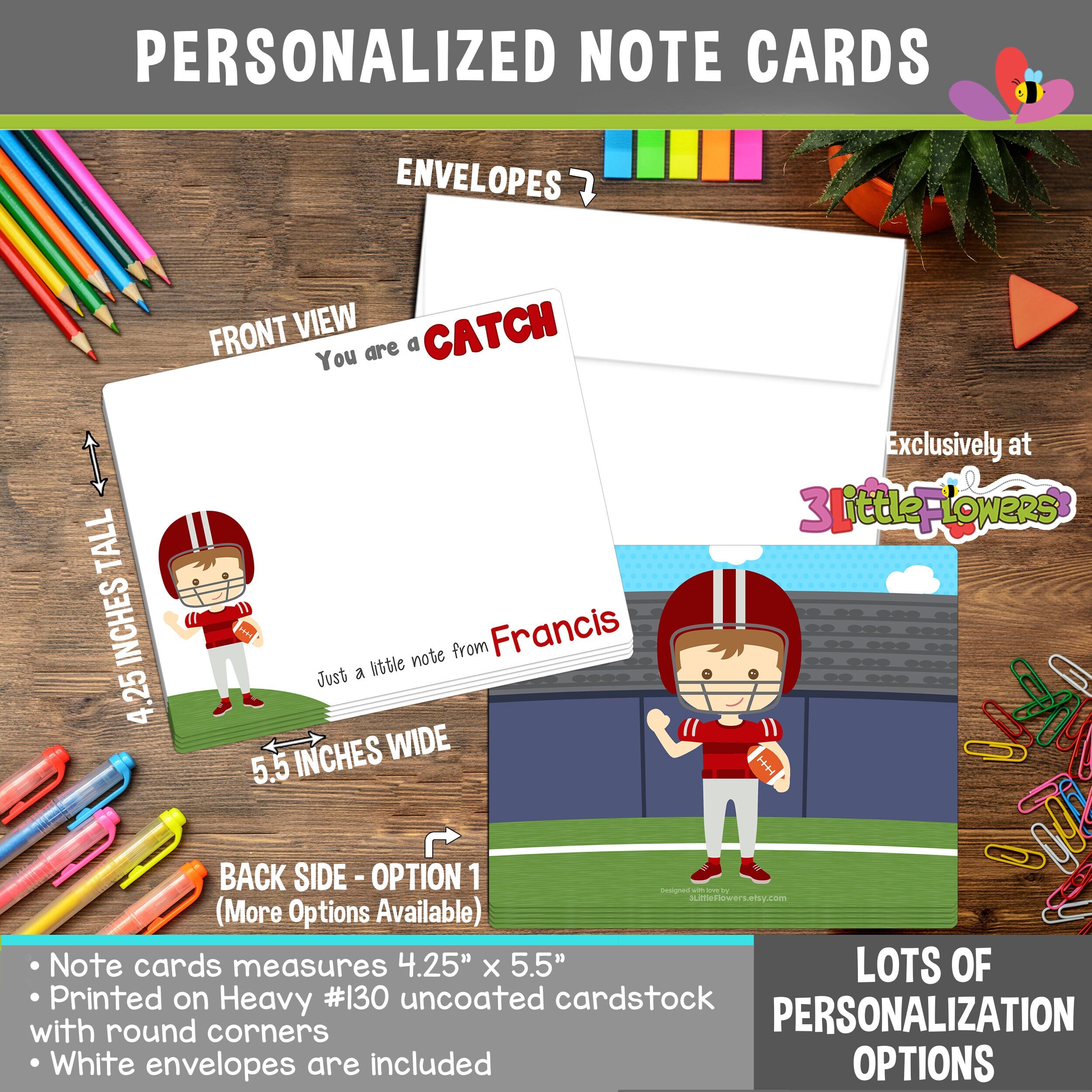 Football Player Note Cards - Set of Personalized Note Cards - Double ...