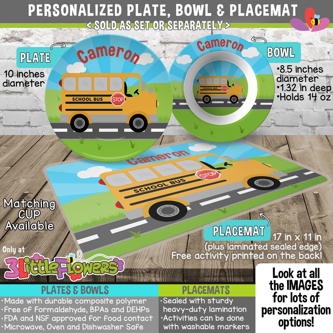 School Bus Plate and Bowl Set - Personalized Plastic Children Plate and ...