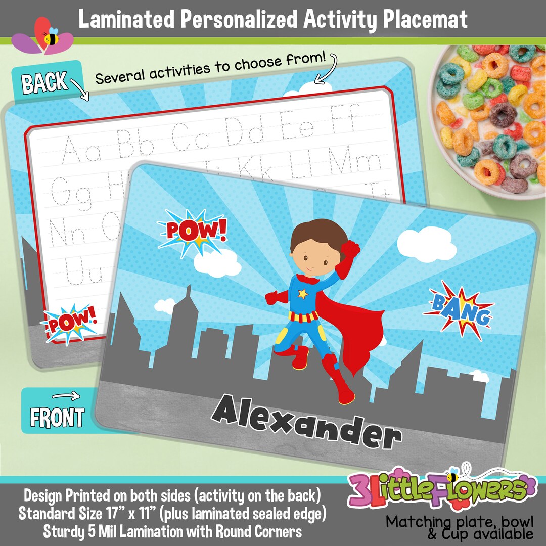 Personalized Superhero Placemat: Laminated Double-sided Kids Activity ...