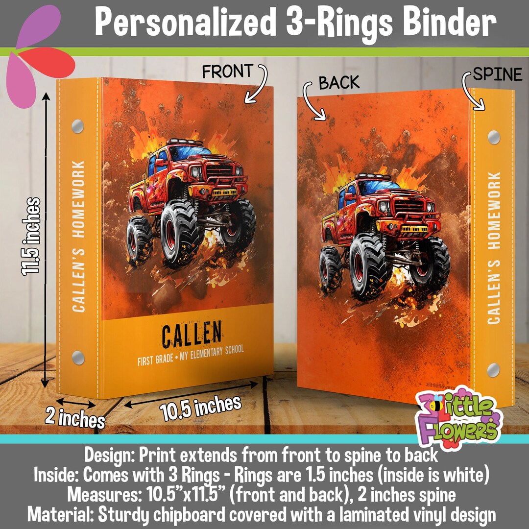 Personalized Monster Truck Binder Personalized 3 Ring Binder 2 Inches ...