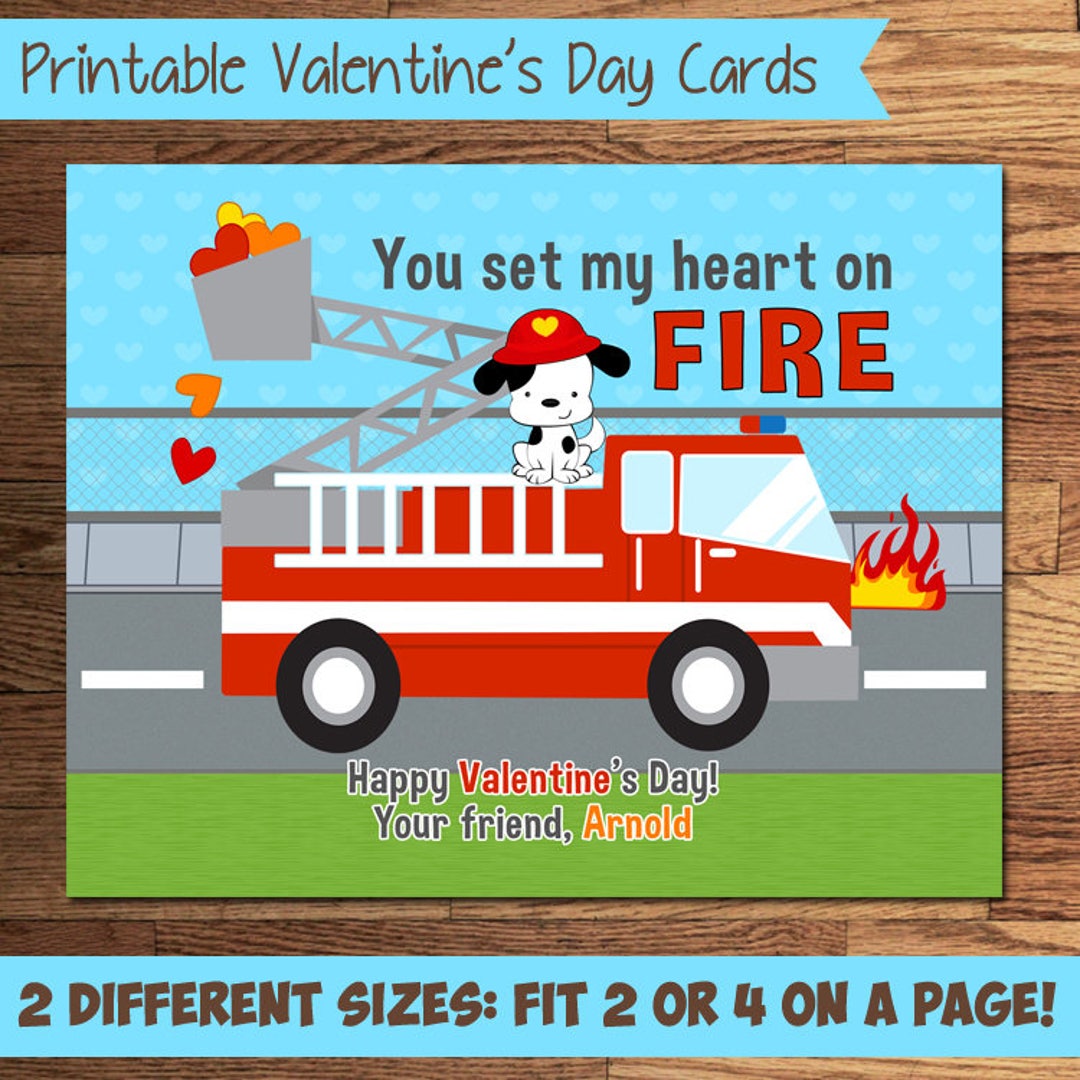 Firetruck Valentine PRINTABLE Cards Personalized Valentines Cards for ...
