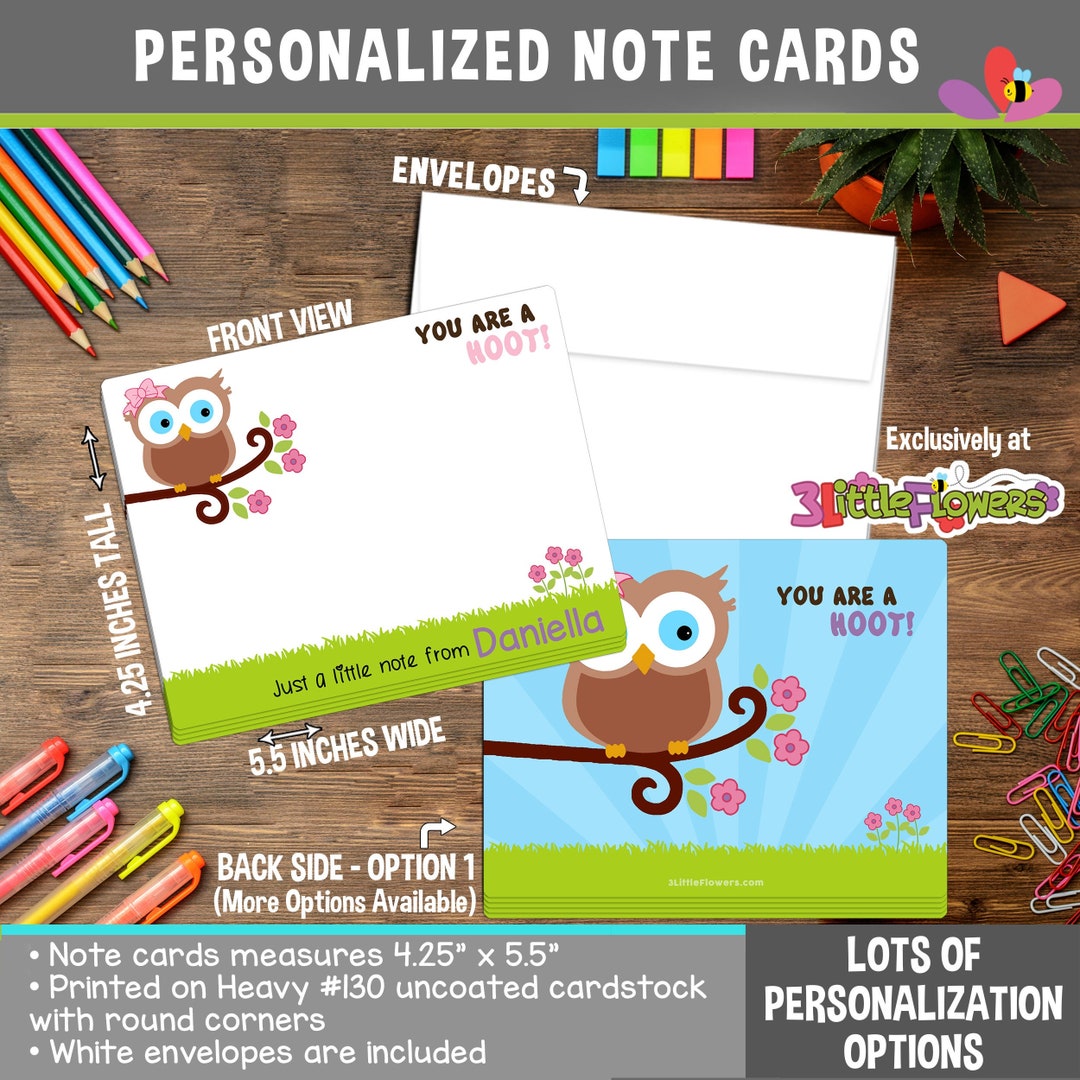Owl Note Cards - Set of Personalized Note Cards - 4.25” X 5.5” - Double ...