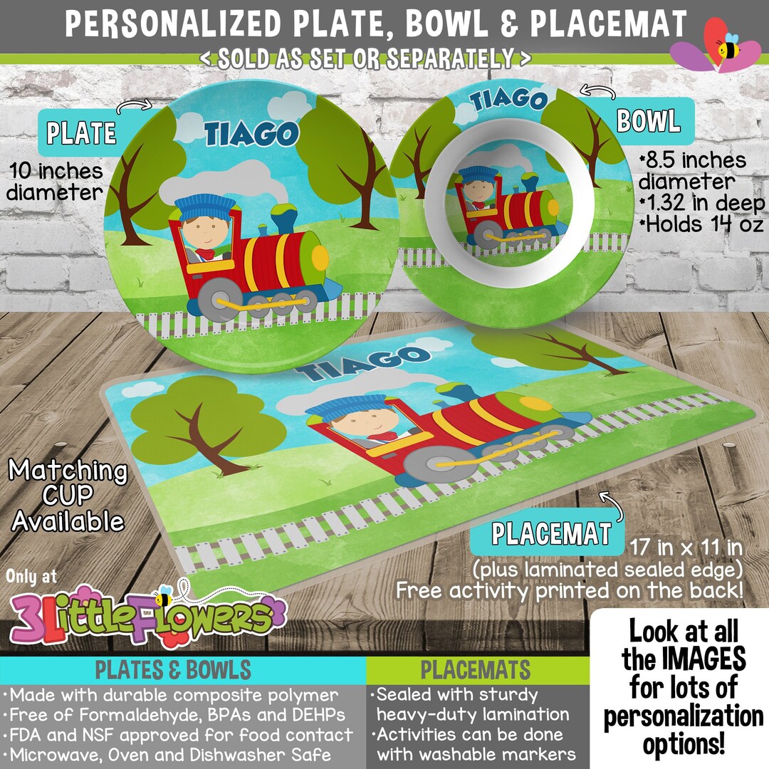 Train Boy Plate and Bowl Set - Personalized Plastic Children Plate ...