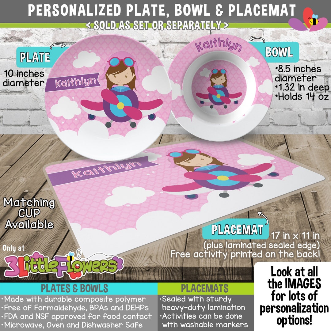 Girl Pilot Plate and Bowl Set - Personalized Plastic Children Plate ...