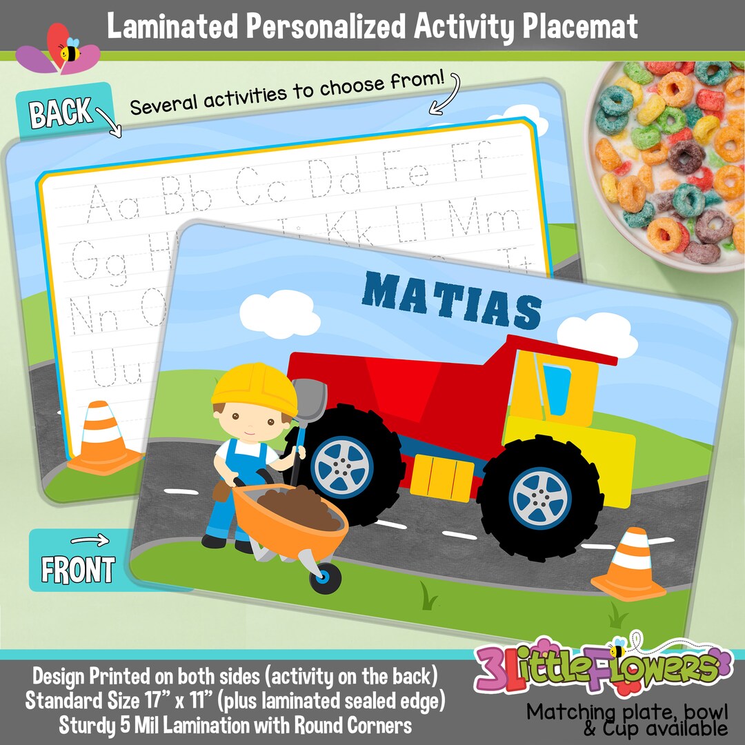 Dump Truck and Construction Worker Placemat - Personalized Placemat for ...