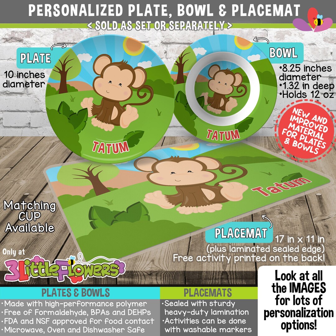 Baby Monkey Plate and Bowl Set - Personalized Plastic Children Plate ...
