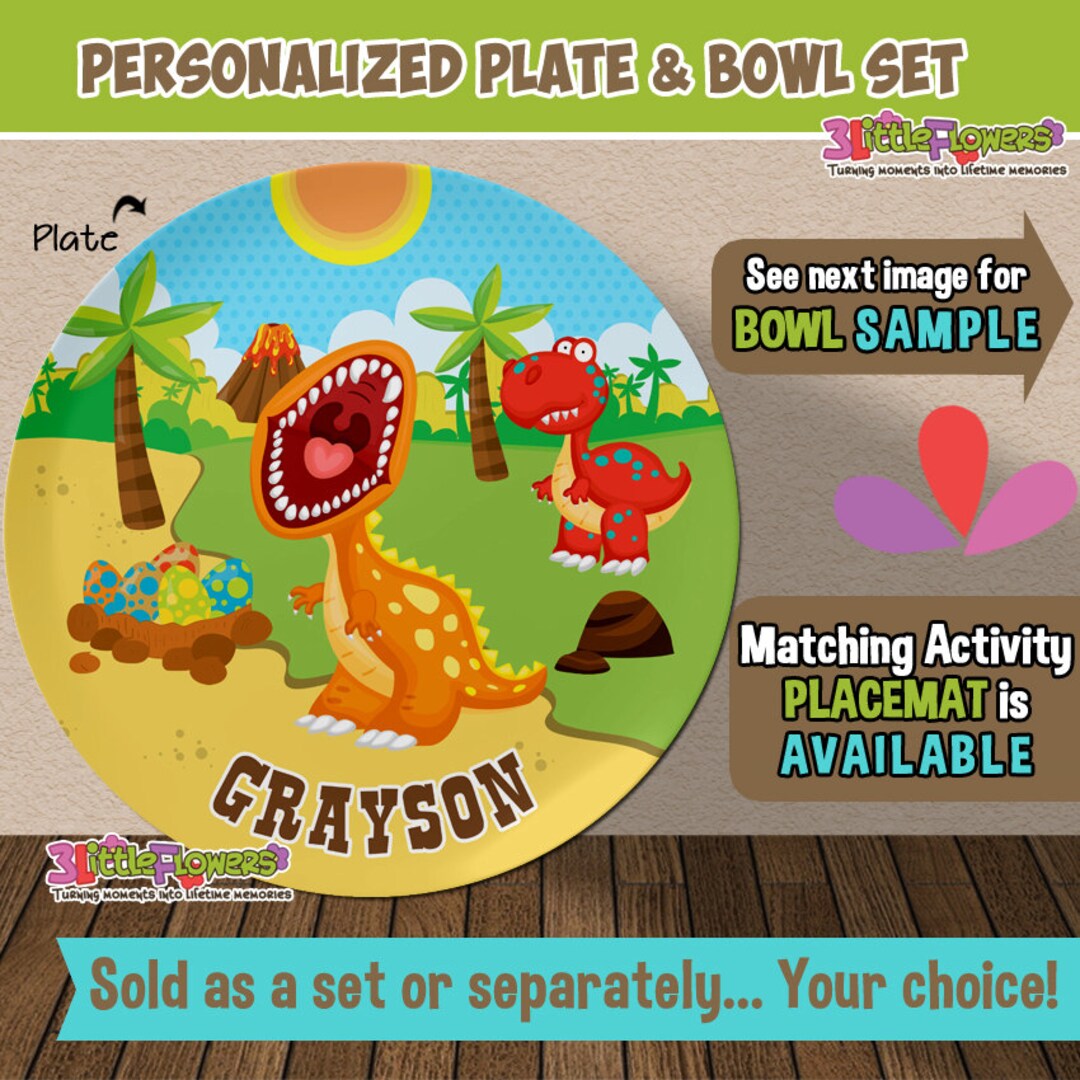 T-rex Plate and Bowl Set Personalized Plastic Children Plate - Etsy