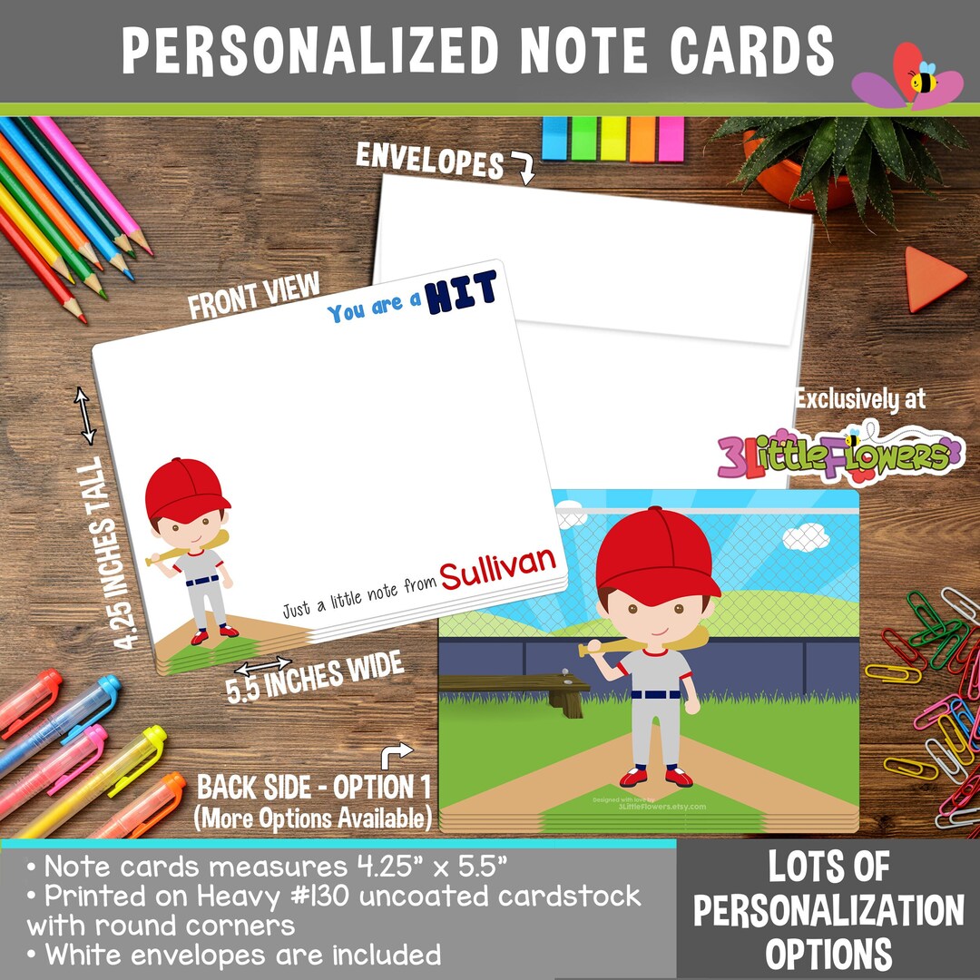 Baseball Player Note Cards - Set of Personalized Note Cards - Double ...