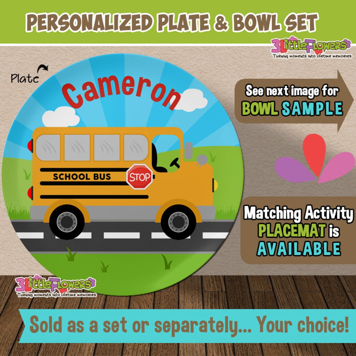 School Bus Plate and Bowl Set Personalized Plastic Children - Etsy