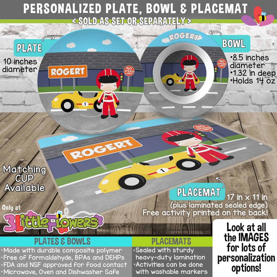 Racing Plate and Bowl Set - Personalized Plastic Children Plate Cereal ...