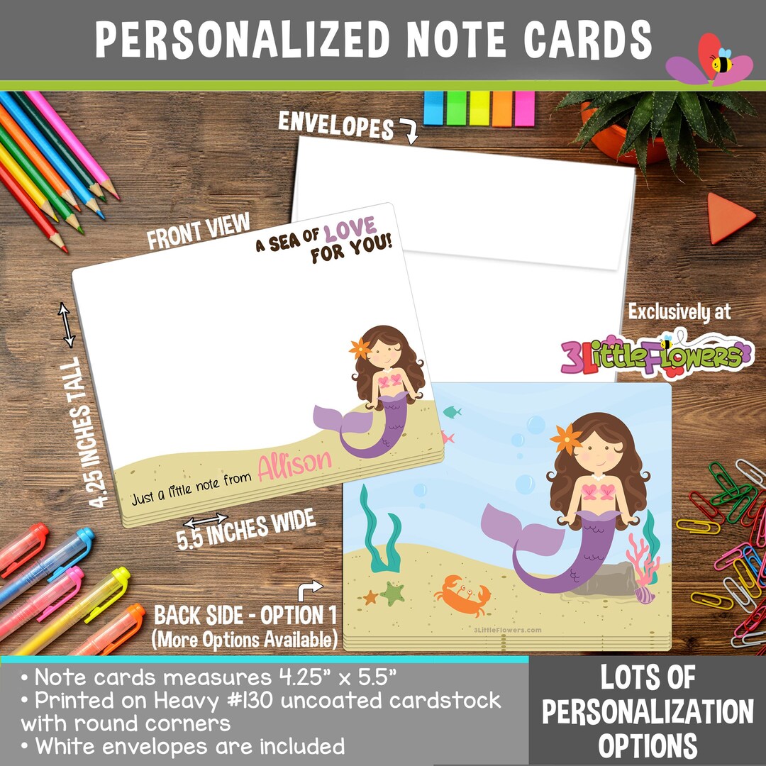 Mermaid Note Cards - Set of Personalized Note Cards - 4.25” X 5.5 ...