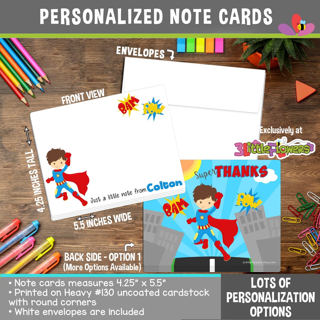 Superhero Note Cards - Set of Personalized Note Cards - 4.25” X 5.5 ...