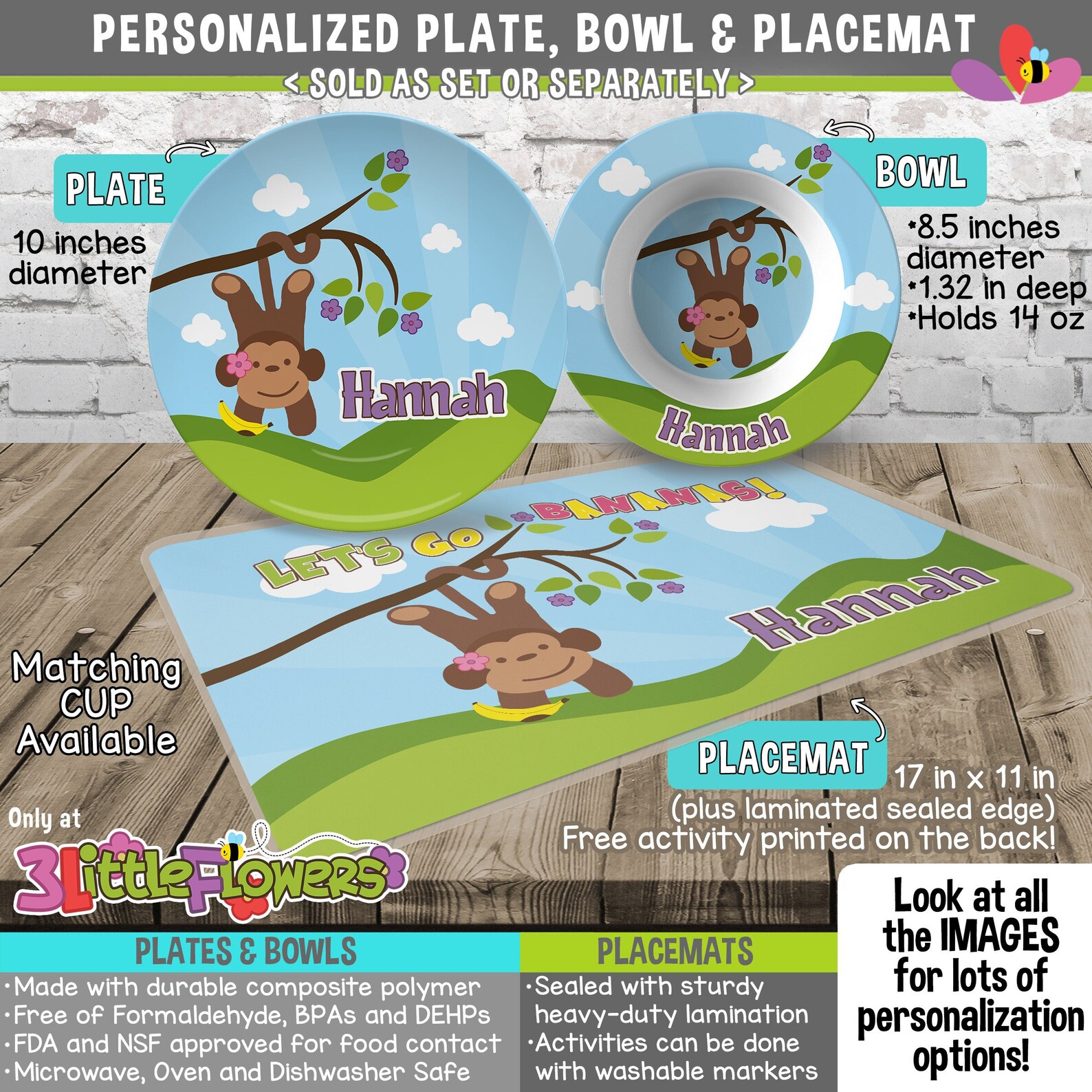 Monkey Plate and Bowl Set - Personalized Plastic Children Plate and ...