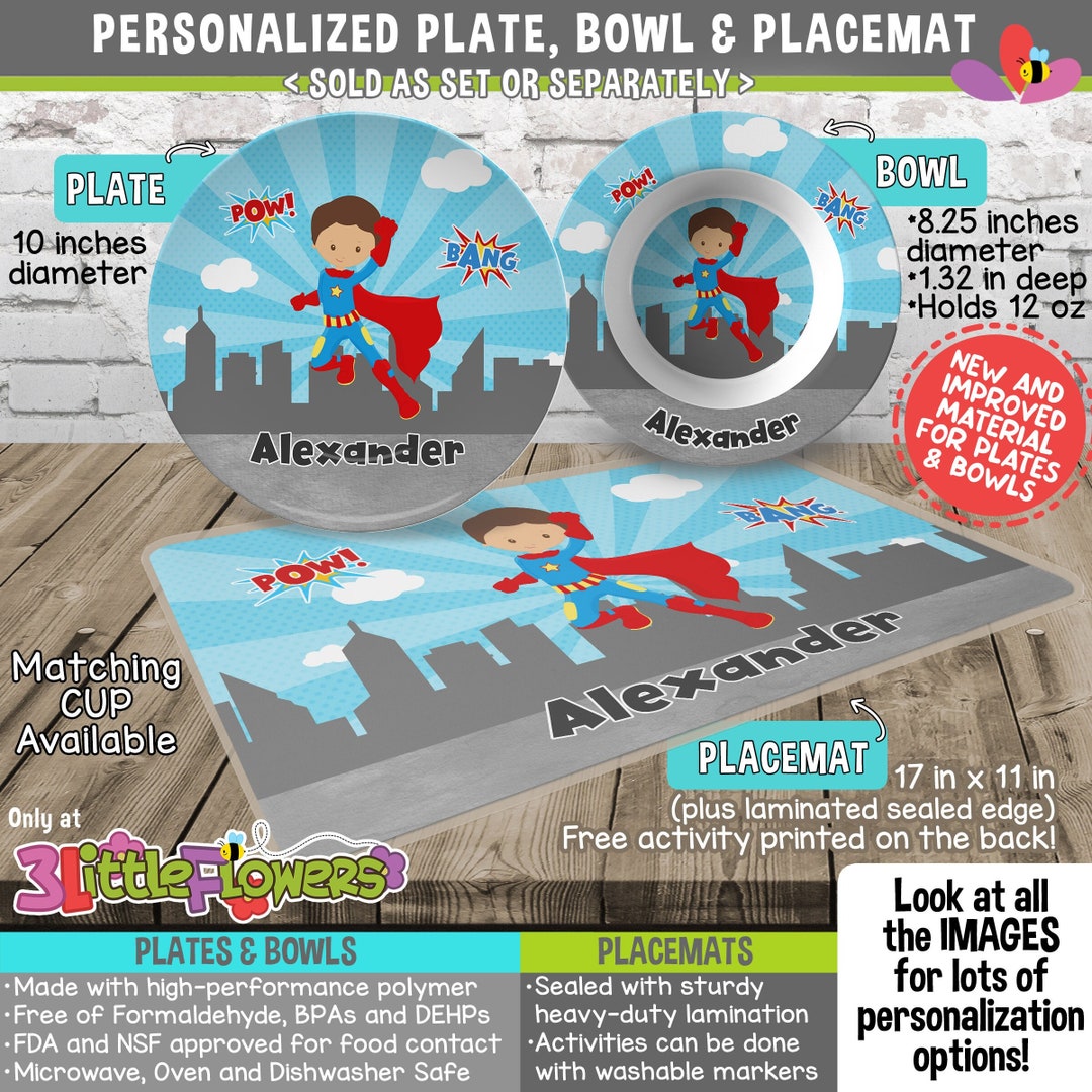 Personalized Superhero Plate and Bowl Set - Custom Kids Dinnerware (add ...