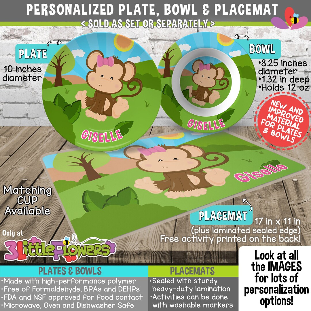 Baby Monkey Plate and Bowl Set - Personalized Plastic Children Plate ...