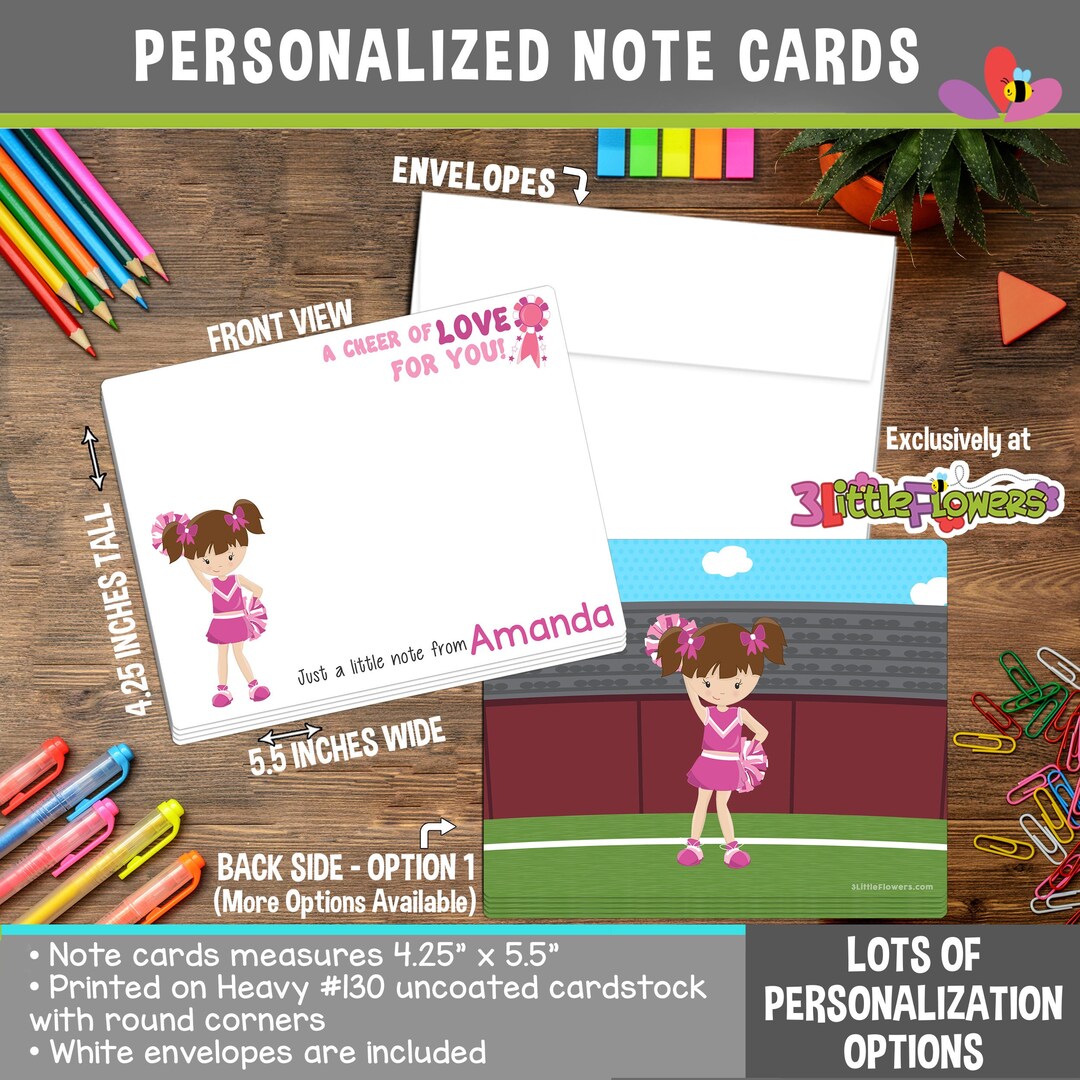 Cheerleader Note Cards - Set of Personalized Note Cards - 4.25” X 5.5 ...