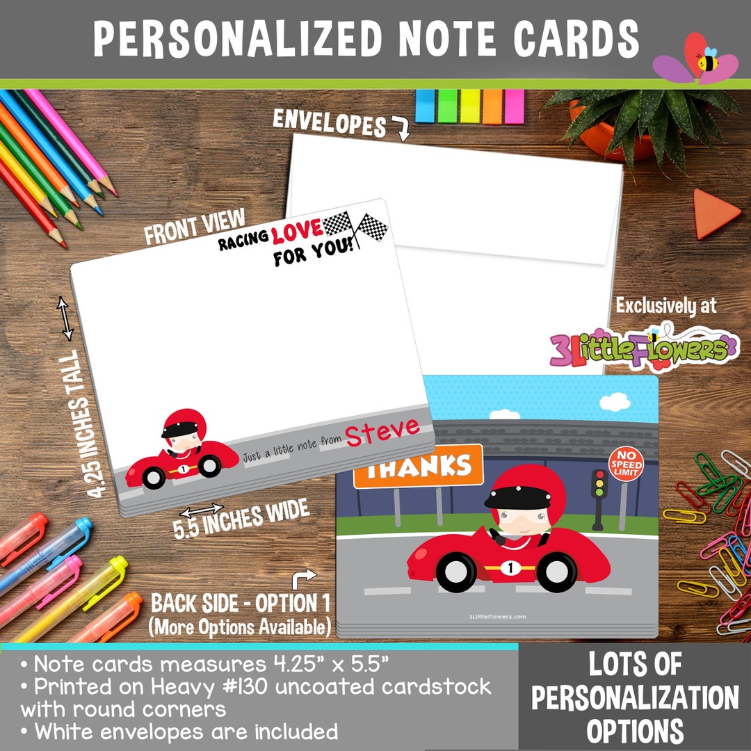 Race Car Note Cards - Set of Personalized Note Cards - 4.25 X 5.5 ...