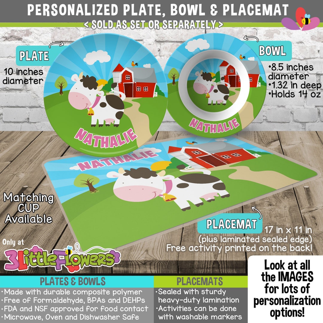 Cow Plate and Bowl Set - Personalized Plastic Children Plate Cereal ...