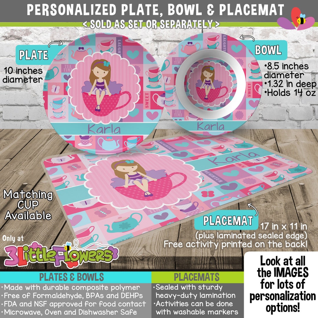 Tea Cups Plate and Bowl Set - Personalized Plastic Children Plate and ...